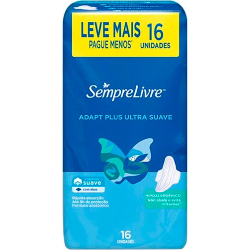 ABSORVENTE SEMPRE LIVRE ADAPT PLUS COBERTURA SUAVE COM ABAS 16 UNIDADES ...