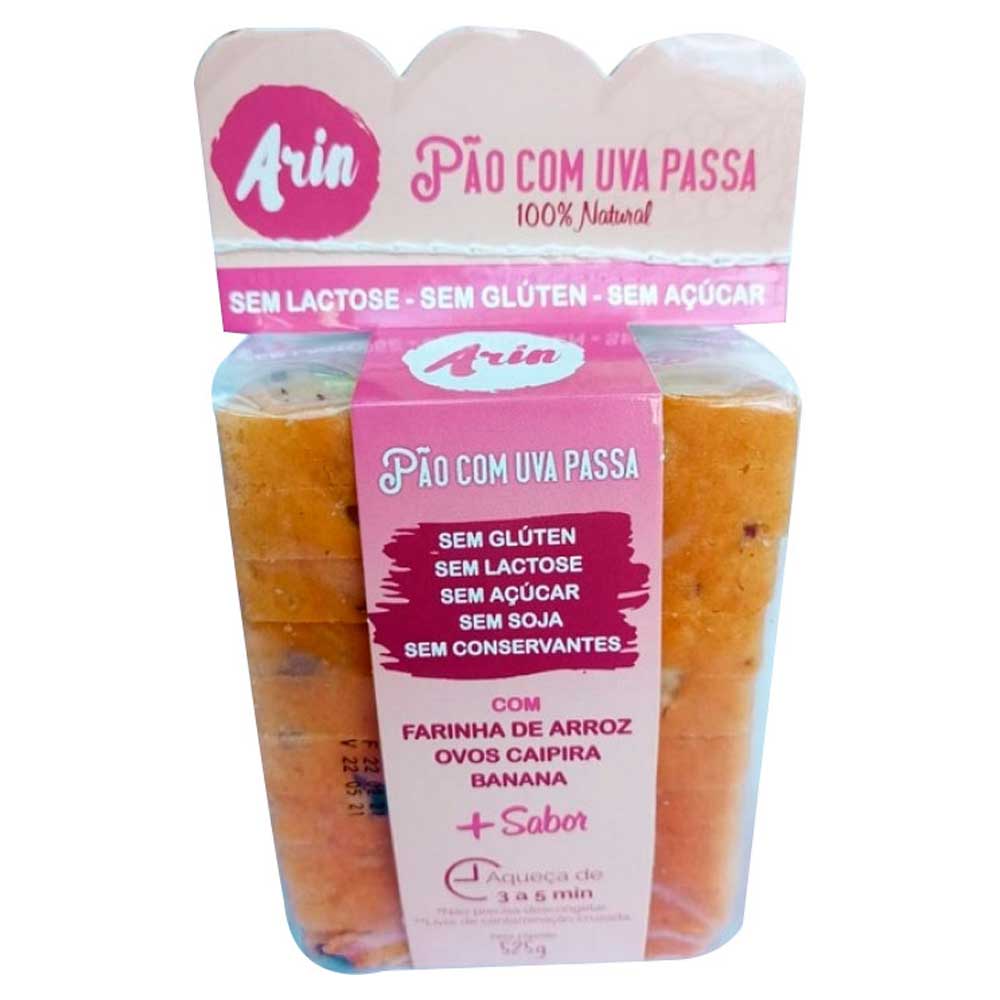 PÃO FORMA SEM GLÚTEN SEM LACTOSE ARIN UVA PASSA 525G - redemix