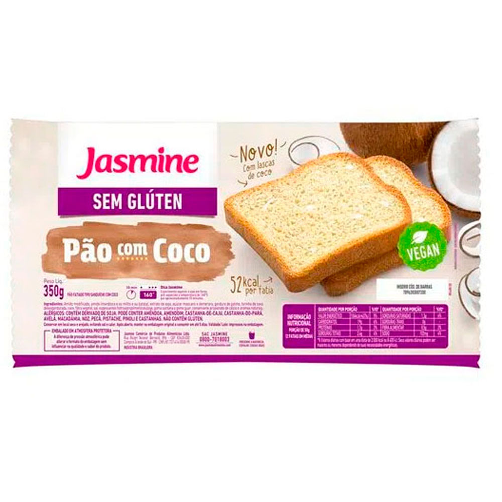 PÃO FATIADO SEM GLÚTEN JASMINE COCO 350G - redemix